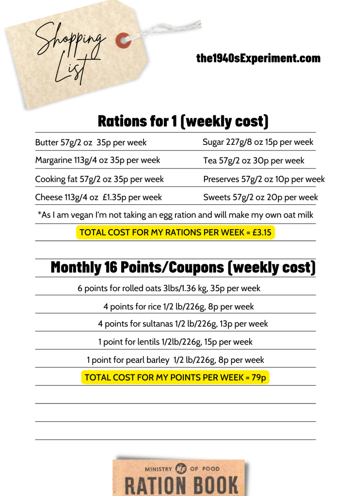 WW2 Rations Shopping List and Weekly Cost - The 1940's Experiment